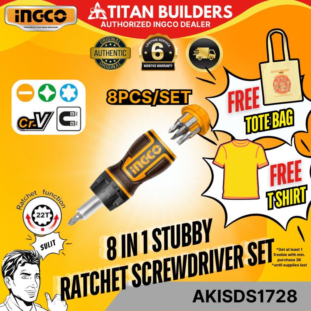 Ingco by Titan 8-in-1 Stubby Ratchet Screwdriver Set with CR-V Bits ...