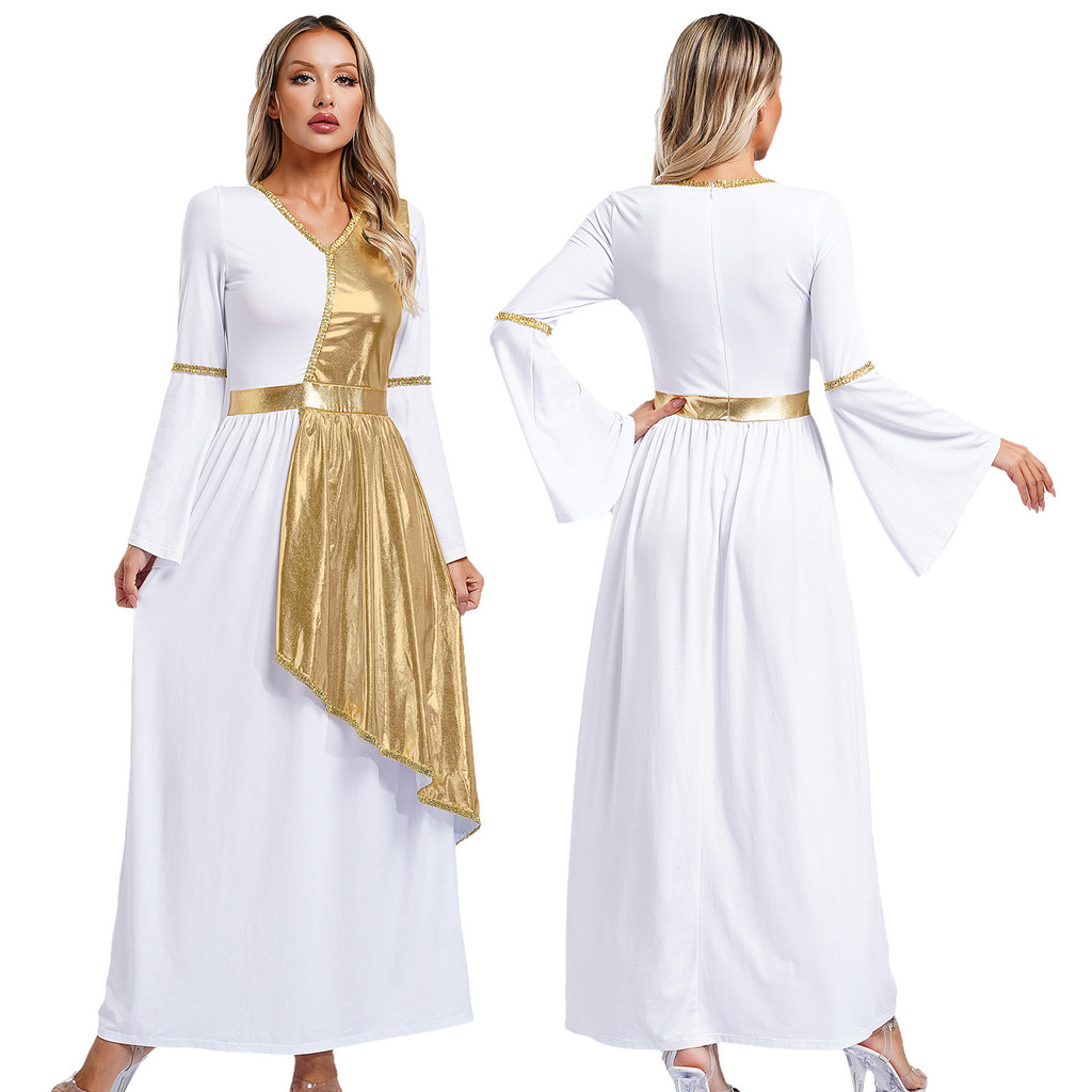 Yhong Womens Roman Greek Beauty Toga Dress V Neck Flare Sleeve Metallic ...