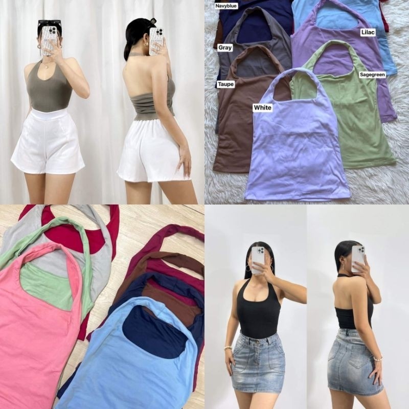 Therese Halter Neck Double Lining Full Length Cotton Basic Open Back ...