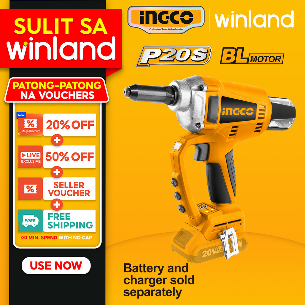 Ingco by Winland P20S/20V Brushless Motor Lithium-Ion Cordless Rivet ...
