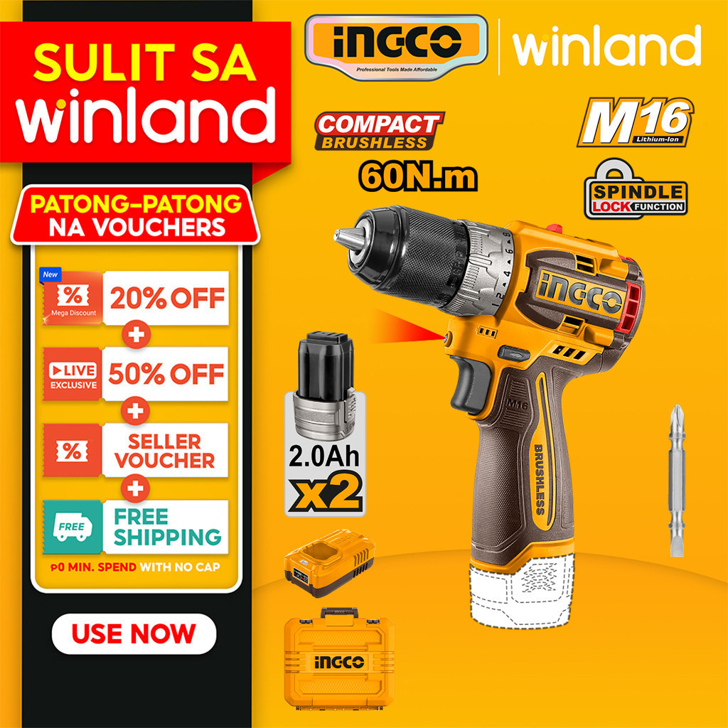 Ingco by Winland Brushless Motor Compact Cordless Drill 16V CDLI16682 ...