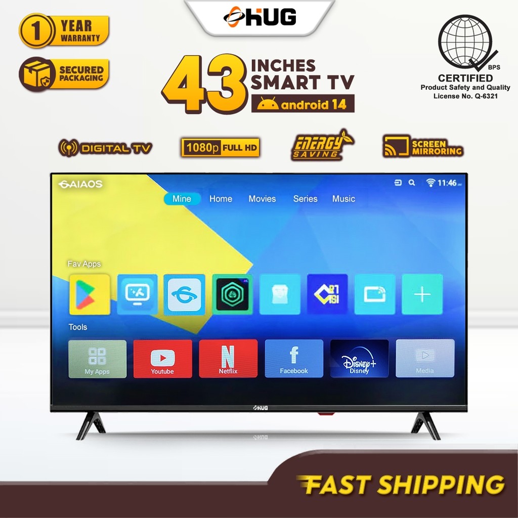 HUG 43 Inches Smart TV Android 14 Digital TV Netflix Youtube Full HD ...