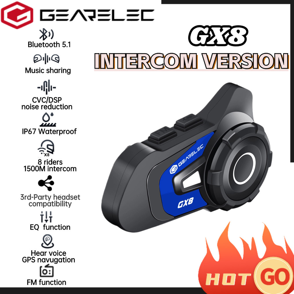 GEARELEC GX8 Motorcycle Bluetooth Intercom Headset 2-8 Riders 1500m ...
