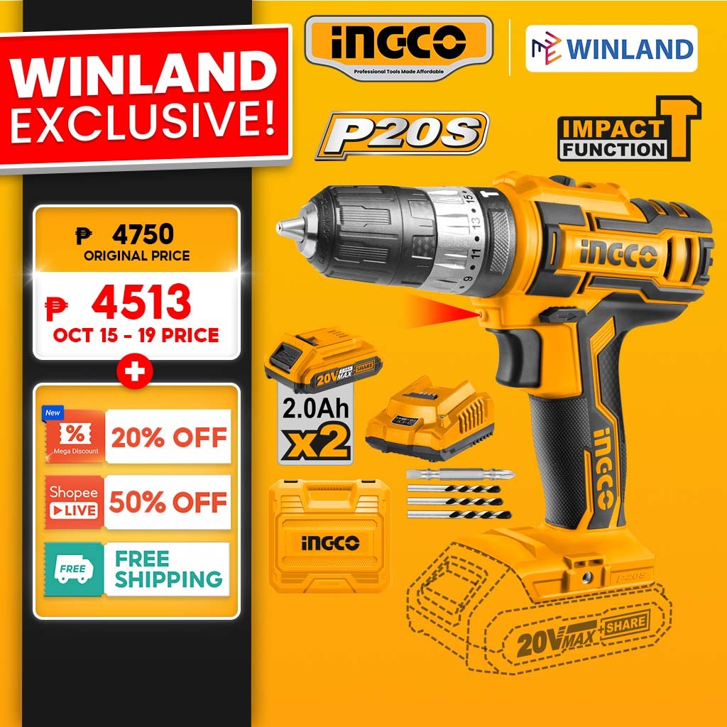 Ingco by Winland 20V Li-Ion Cordless Impact Drill P20S POWERSHARE w/2 ...