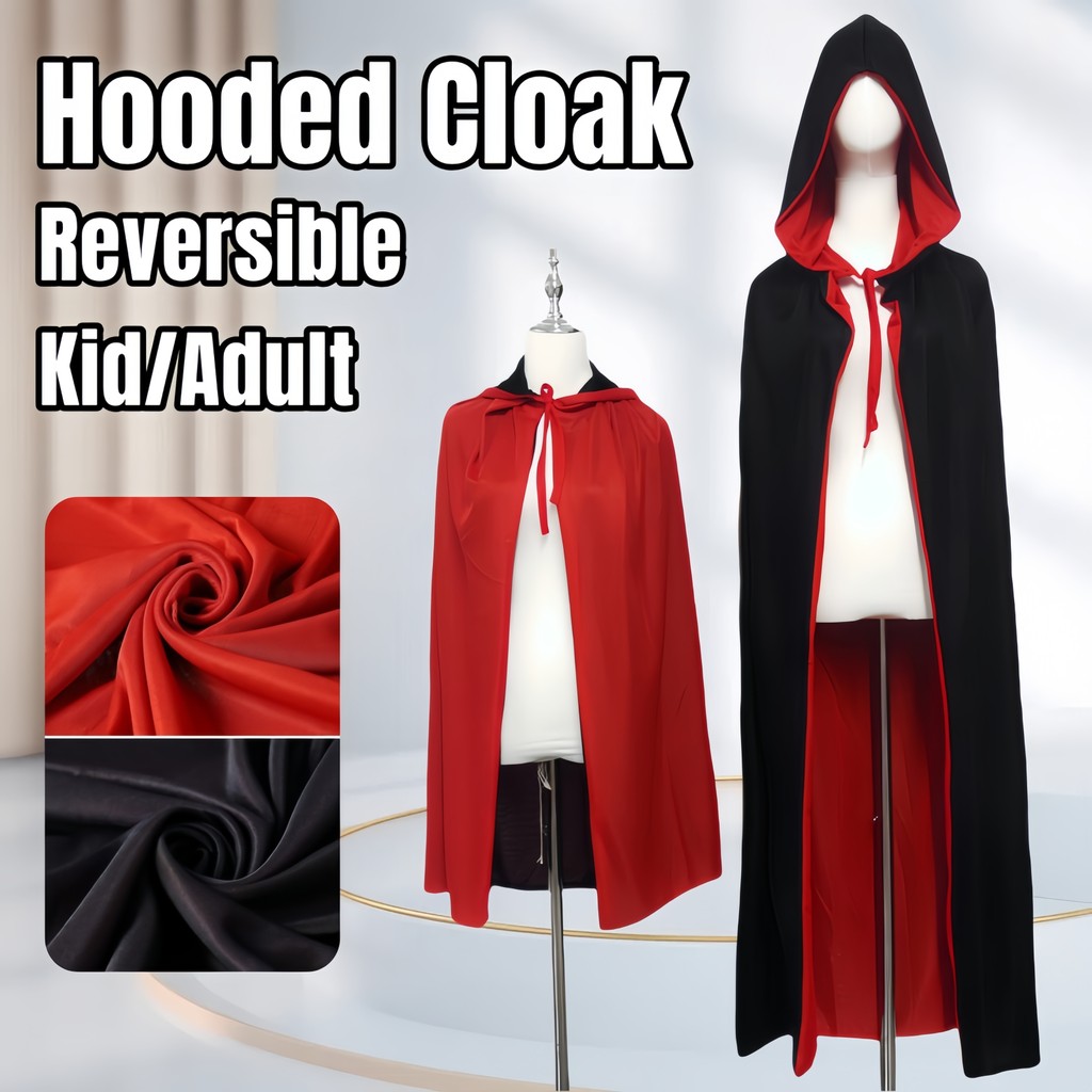 On Hand Hooded Cape Adult Unisex Long Cloak Black Red Halloween Costume ...