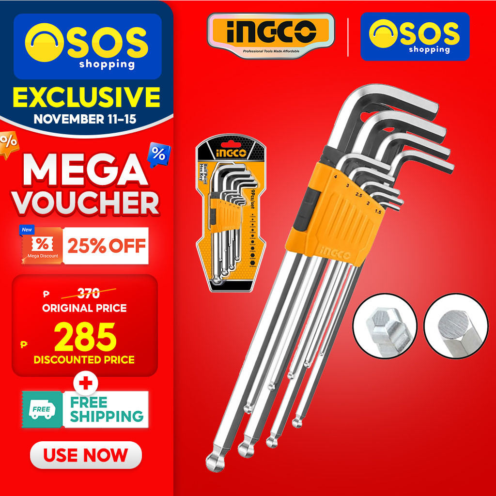 Ingco 9pcs/Set Allen Hex key | Extra-Long Arm Ball Point HHK12092 ING ...