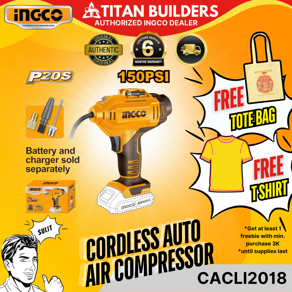 Ingco by Titan Cordless Auto Air Compressor 20V 150PSI LED portable ...