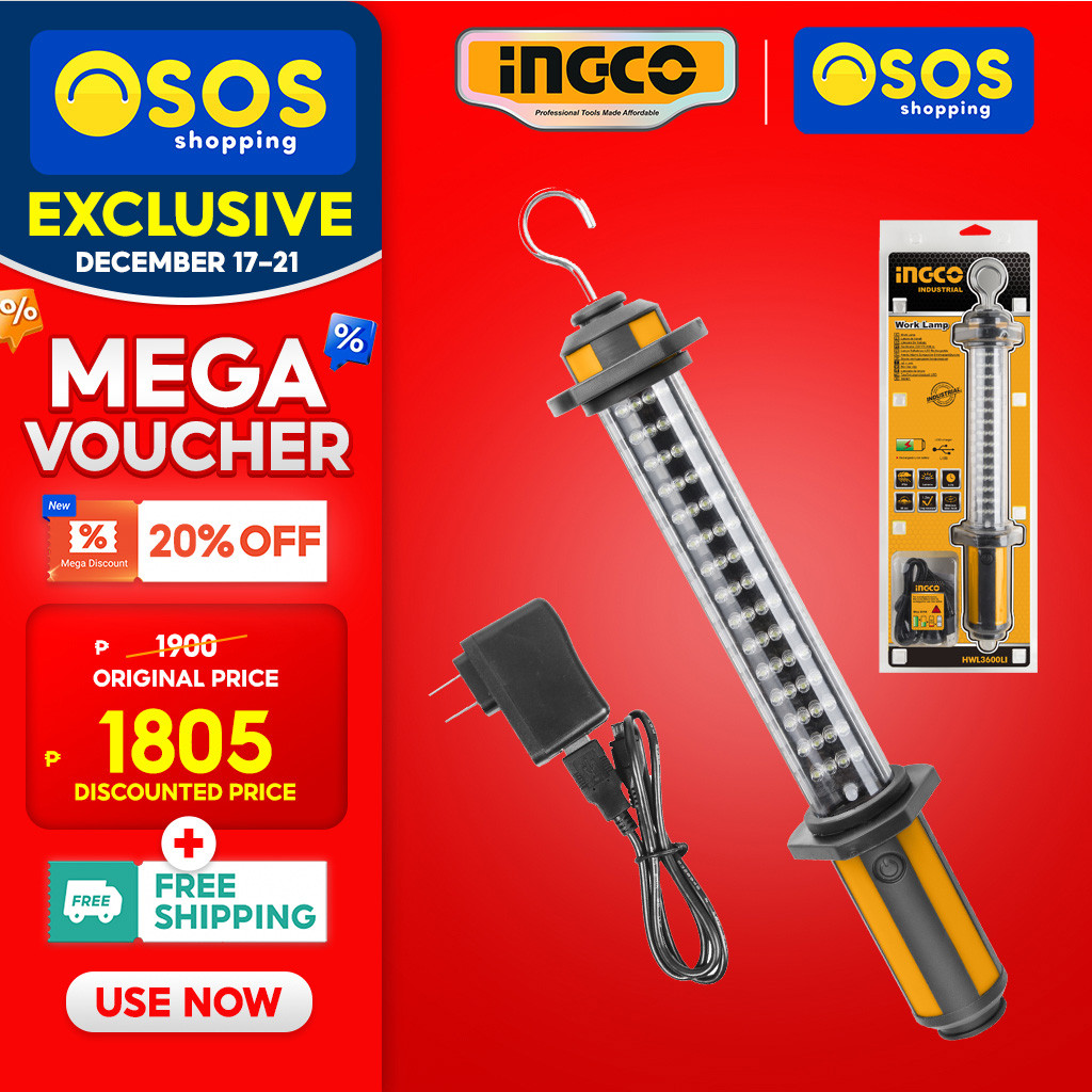 Ingco Work 60pcs LED Lamp Rechargeable Flash Light Flashlight HWL3600LI ...