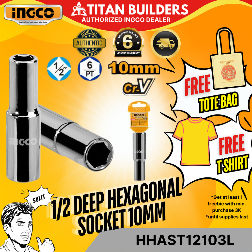 Ingco by Titan 1/2" Deep Hex Socket 10mm 6PT 78mm Black Nickel Plated ...