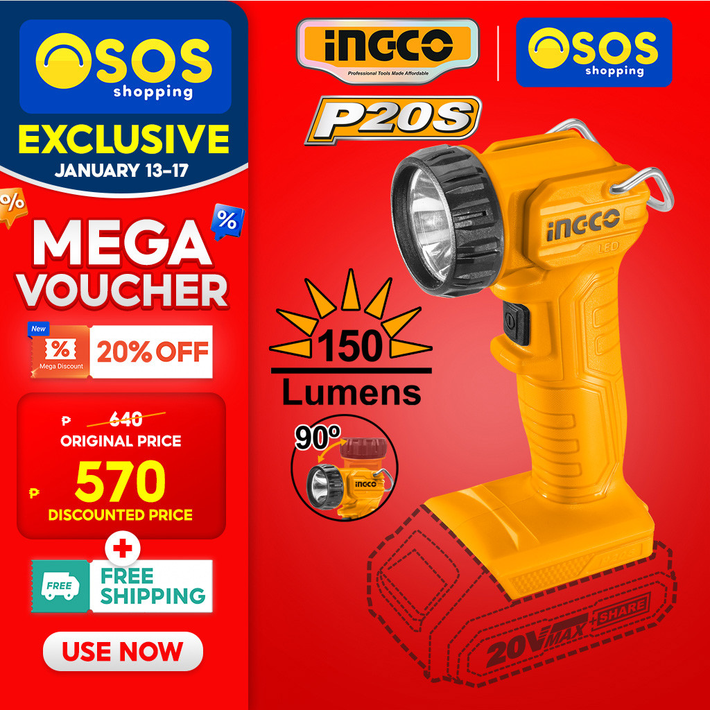 INGCO by OSOS P20S 20V Lithium-Ion Cordless Work Lamp Flashlight 1.5W-3 ...