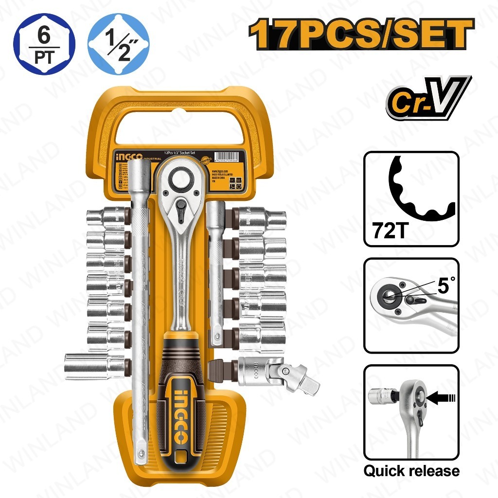 Ingco by Winland 17PCS/Set DR. 1/2inches CR-V Socket Wrench Ratchet Spanner Set HKTS12171 ING-HT ...