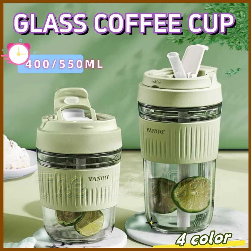 400/550ML Glass Coffee Mug Reusable Coffee Cup with Lid and Straw Portable To Go Travel Water ...