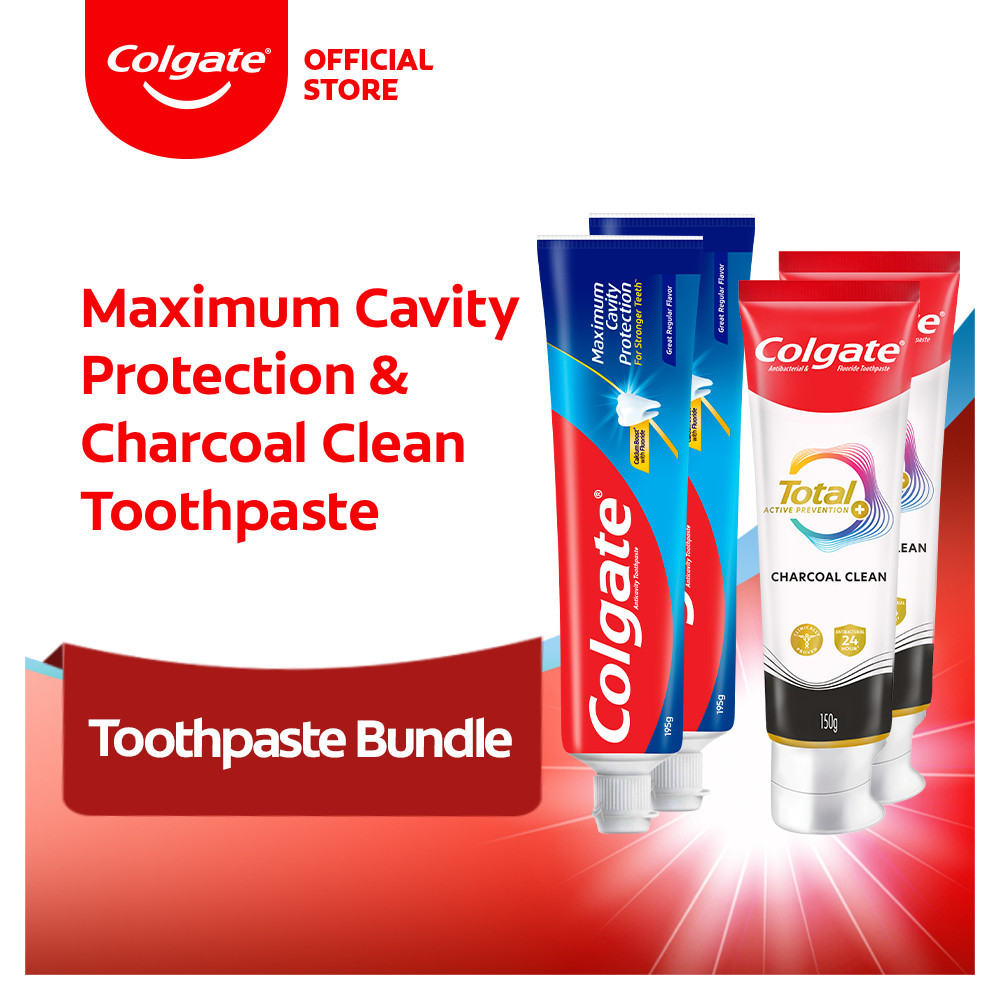 Colgate Maximum Cavity Protection 195g + Total Charcoal Clean 150g, Toothpaste Bundle of 4 ...