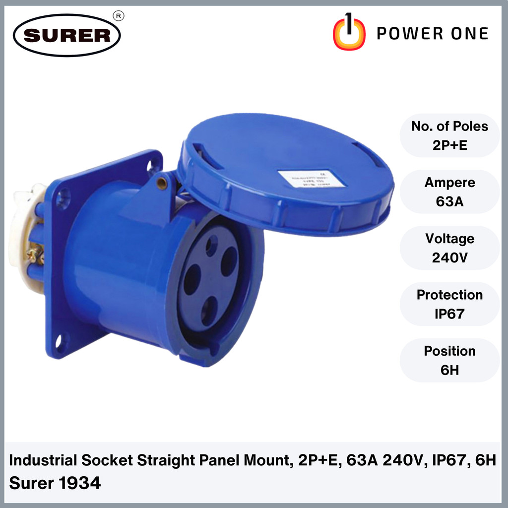 Surer 1934 Industrial Socket, Straight Panel Mount 2P+E, 63A 240V, IP67 ...