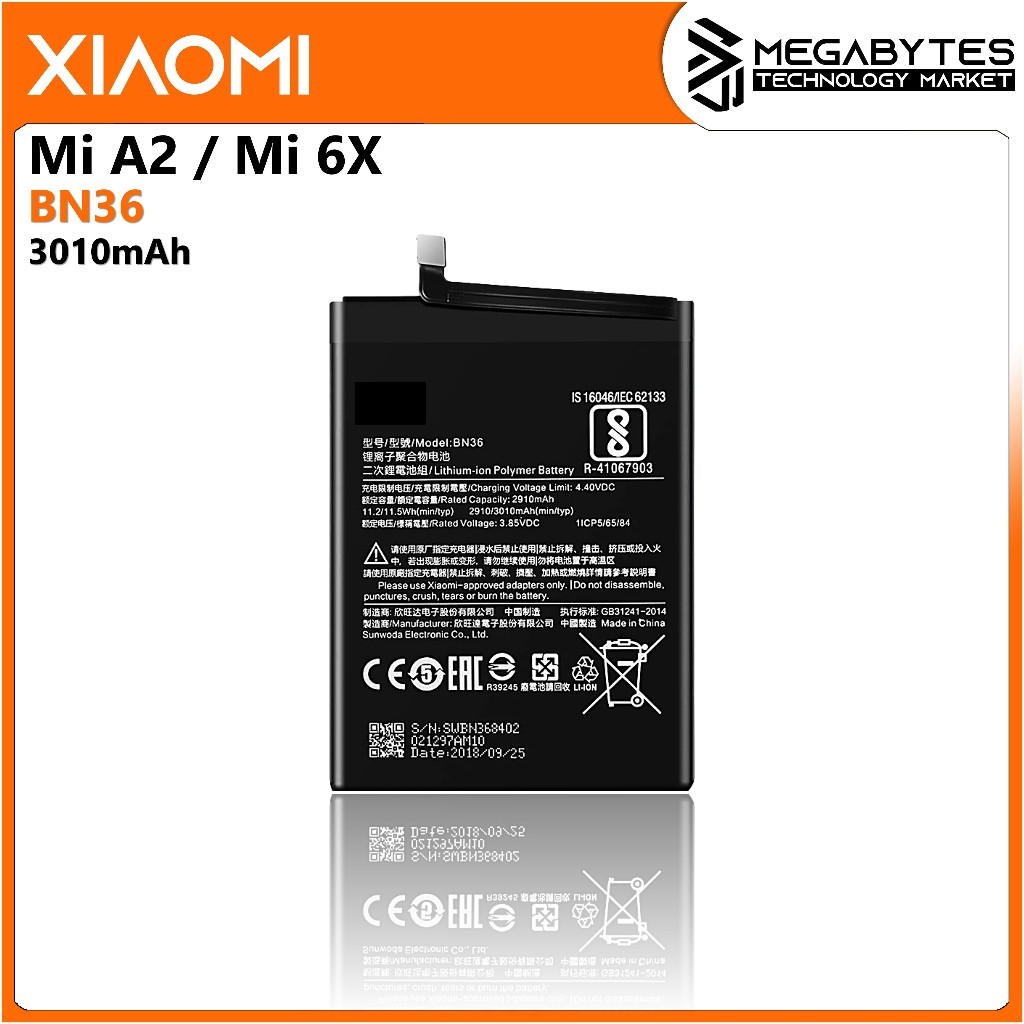 Megabytes Battery for Xiaomi Mi A2 / Mi 6X | M1804D2SG M1804D2SI BN36 ...
