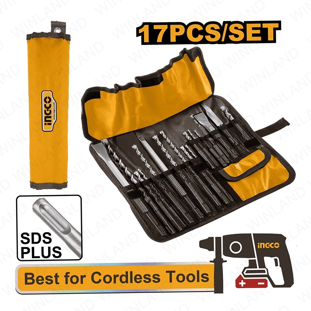 Ingco by Winland 17PCS/Set SDS Plus Hammer Drill Bits & Chisels Set for Cordless Tools AKD91701 ...