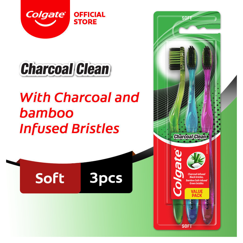 Colgate Charcoal Clean Toothbrush with Cap, Bamboo Salt Infused Green ...