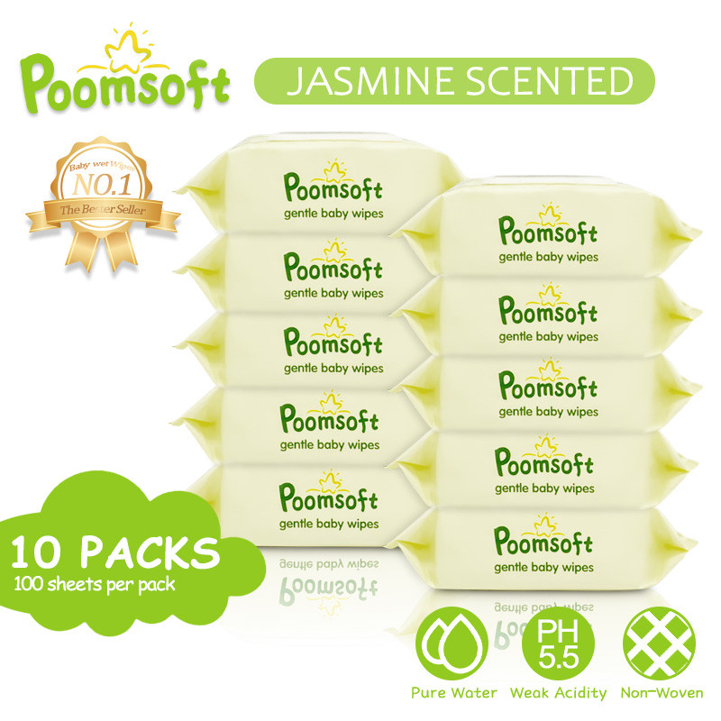 Poomsoft 10 Packs x 100 Sheet Jasmine Scented No-Alcohol Gentle Baby ...