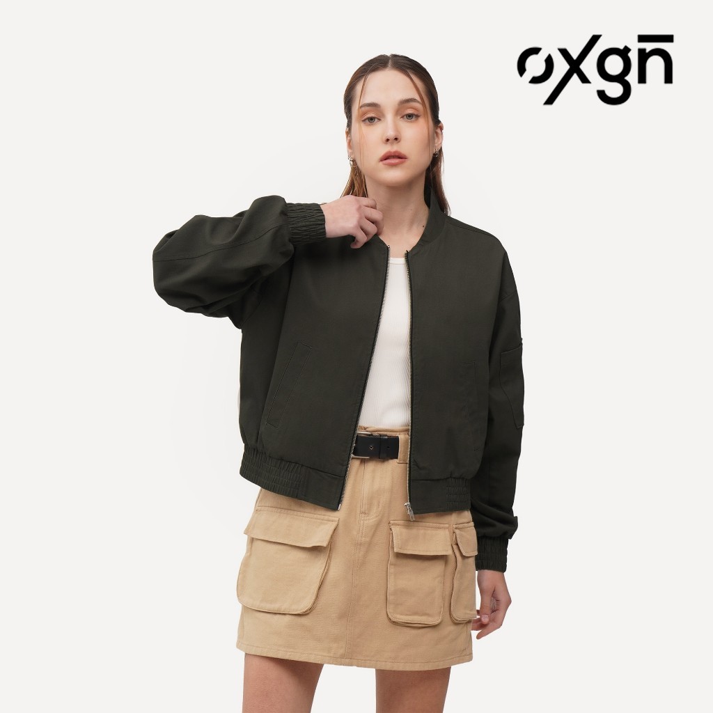 OXGN Acid Wash Twill Cropped Bomber Jacket For Women (Thyme) | Shopee ...