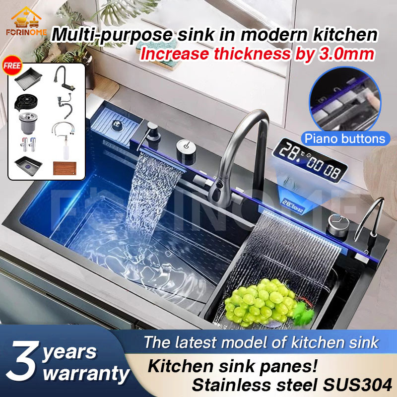 Kitchen Sink 304 Stainless Steel Waterfall Single Groove Integrated ...