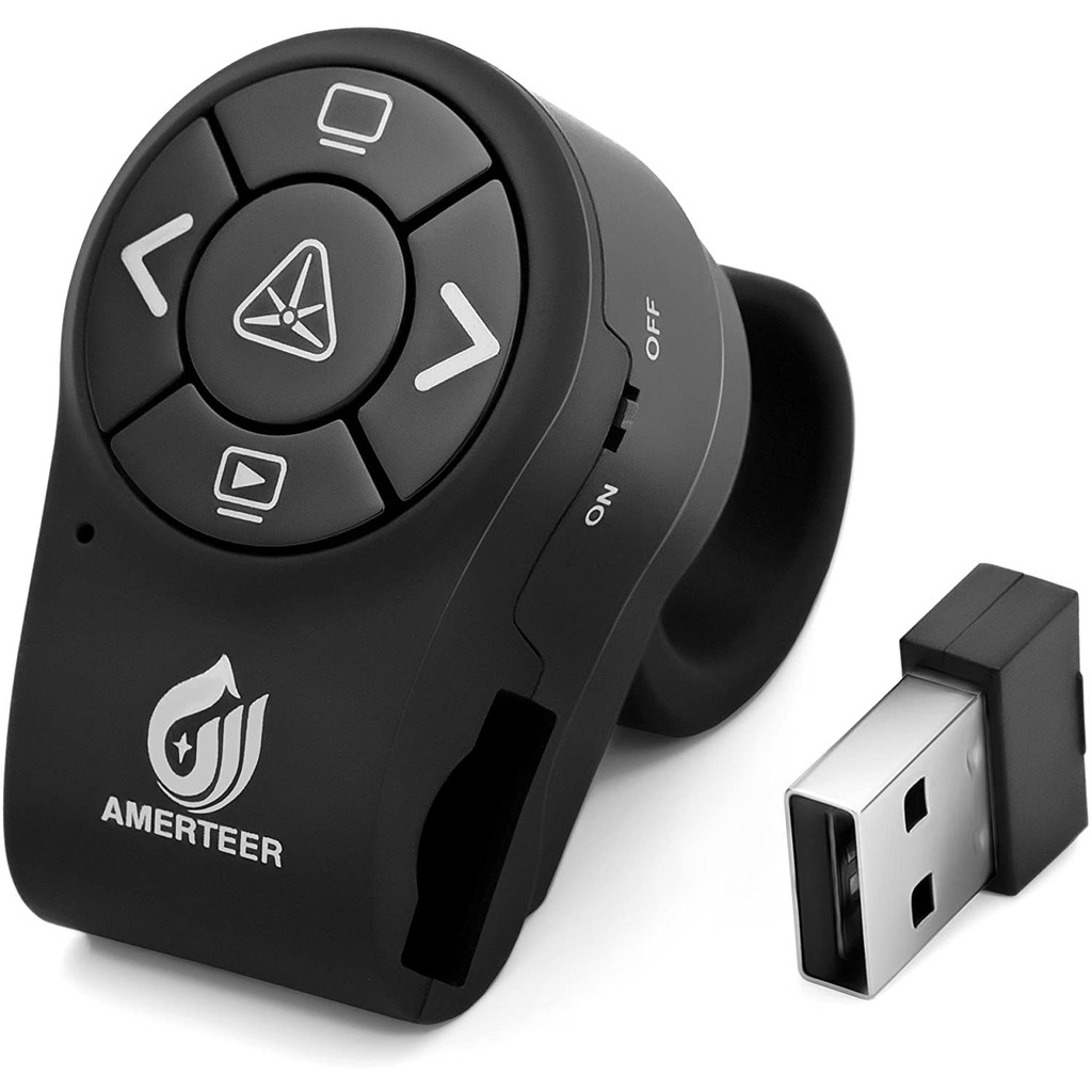 AMERTEER Wireless Presenter RF 2.4GHz Presentation Laser Pointer Finger Ring Remote PowerPoint ...