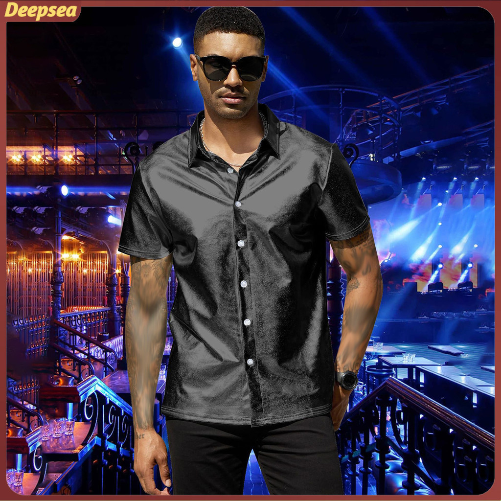 [DPA] Summer Men Shirt Glossy Surface Turn-down Collar Single-breasted ...