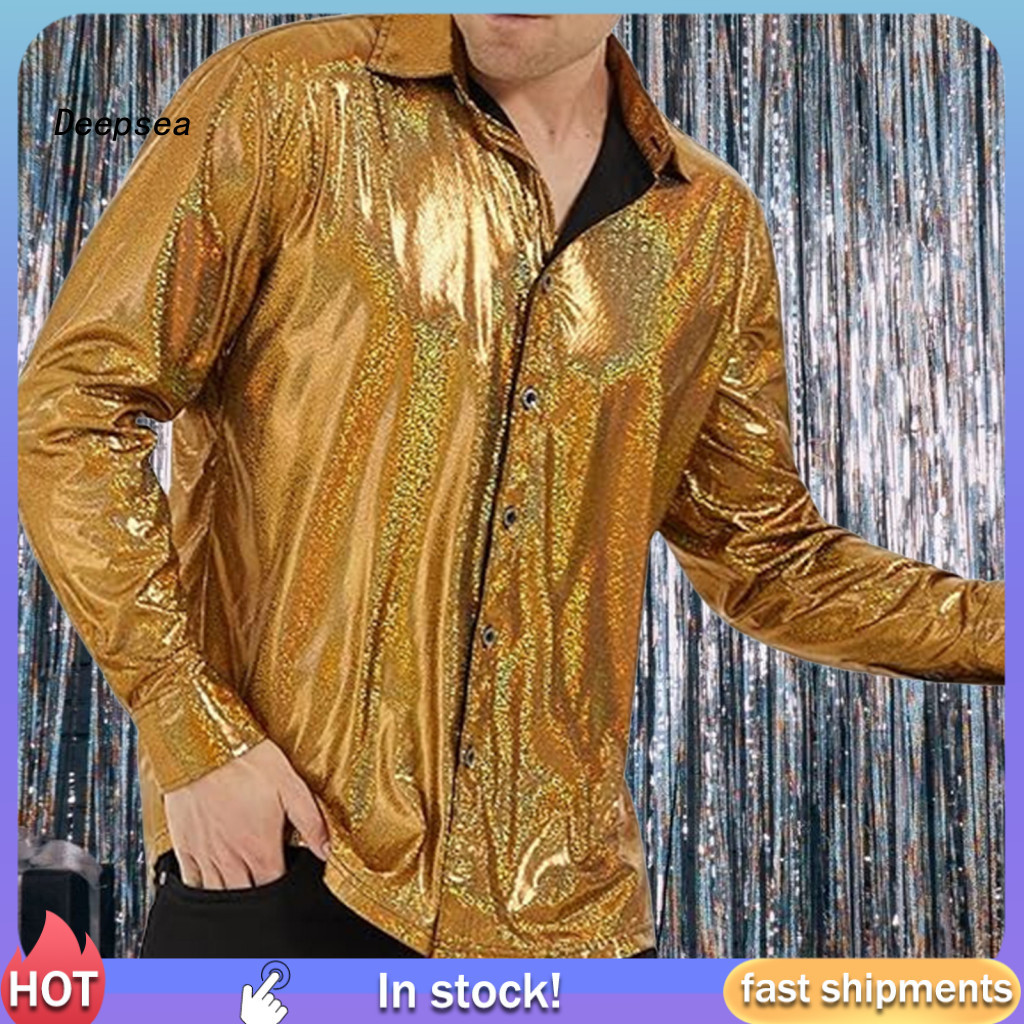 DPA* Men Evening Wear Top Long Sleeve Shirt Men's Shiny Glossy Shirt ...