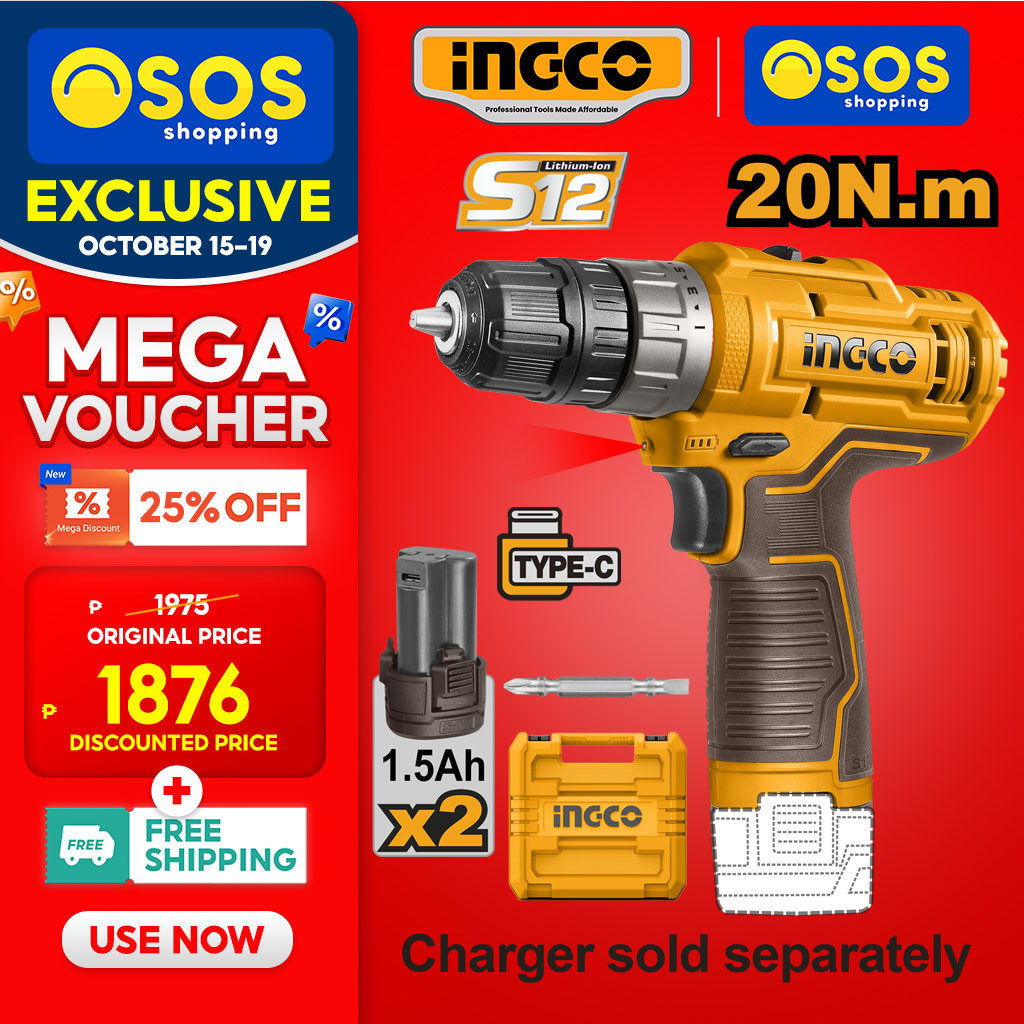 INGCO Original Lithium-Ion Cordless Drill 12V with USB type-C Charging ...