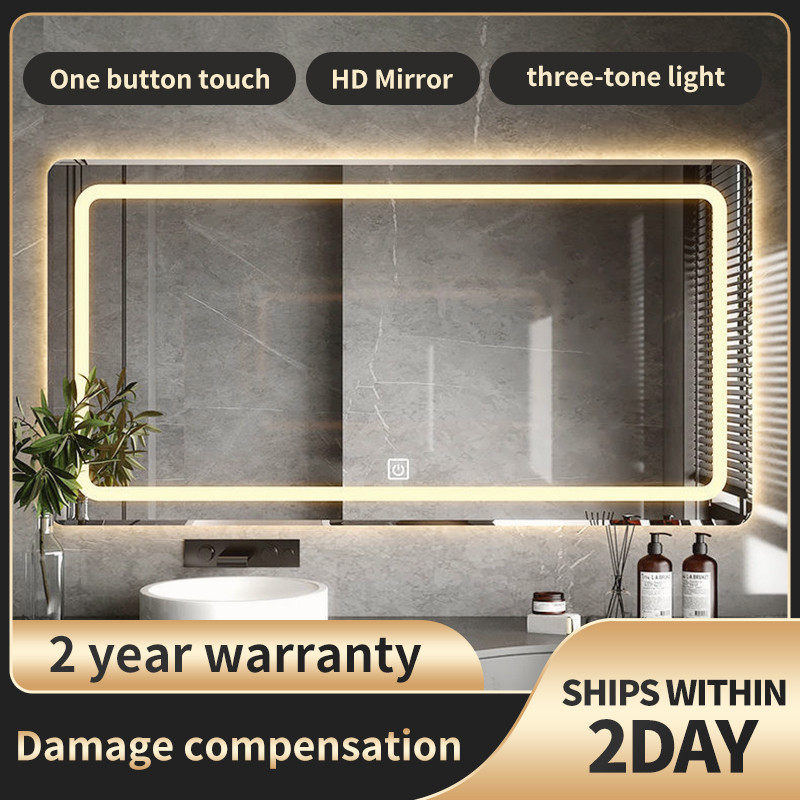 Bathroom Mirror With Led Light Wall Mounted Smart Tri Color Dimming ...