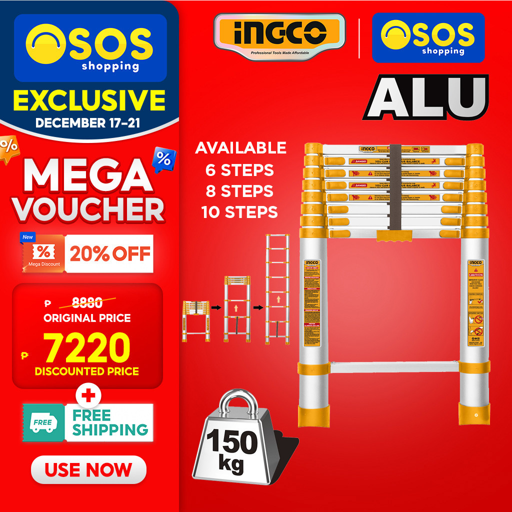 INGCO by OSOS Telescopic Aluminum Ladder 6, 8, 10 Steps HLAD08061 ...