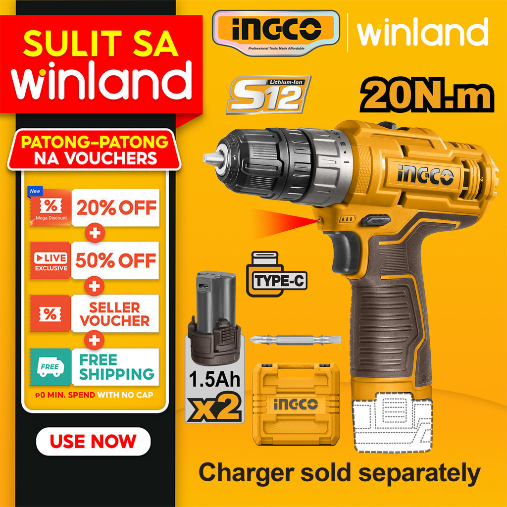 Ingco by Winland Lithium-Ion Cordless Drill 12V with USB type-C ...
