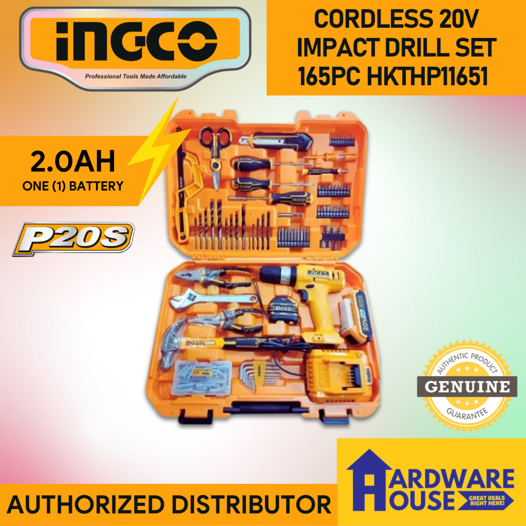 ORIGINAL INGCO 20V Cordless Impact Drill Set w/ 1 Battery 2.0Ah 165PC ...