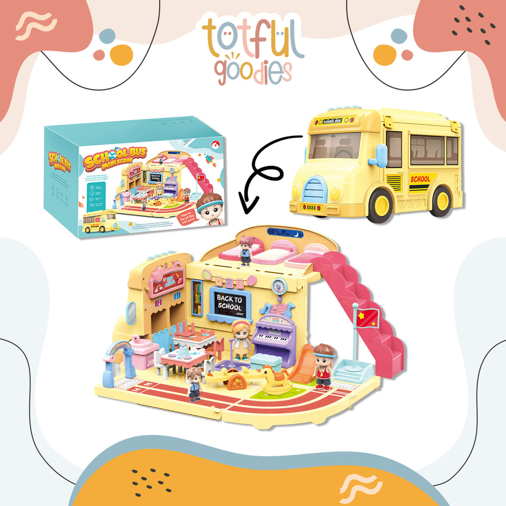 Kids SCHOOL BUS Dollhouse Play Role 2-in-1 Mini Scene Gift Boy Girl ...