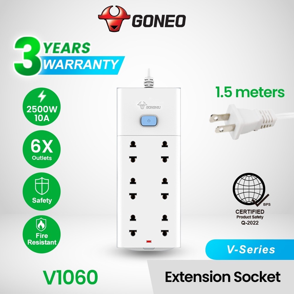 Bull Extension Socket V Series V1060 150cm & 350cm Cable 6 Outlets ...