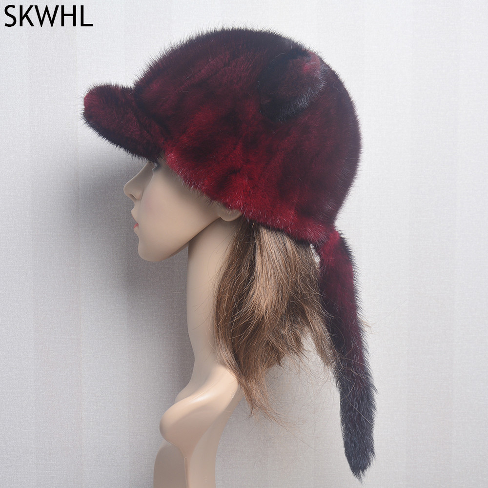Women Winter Real Mink Fur Hats Russian Female Fur Hat With Ears Knit ...