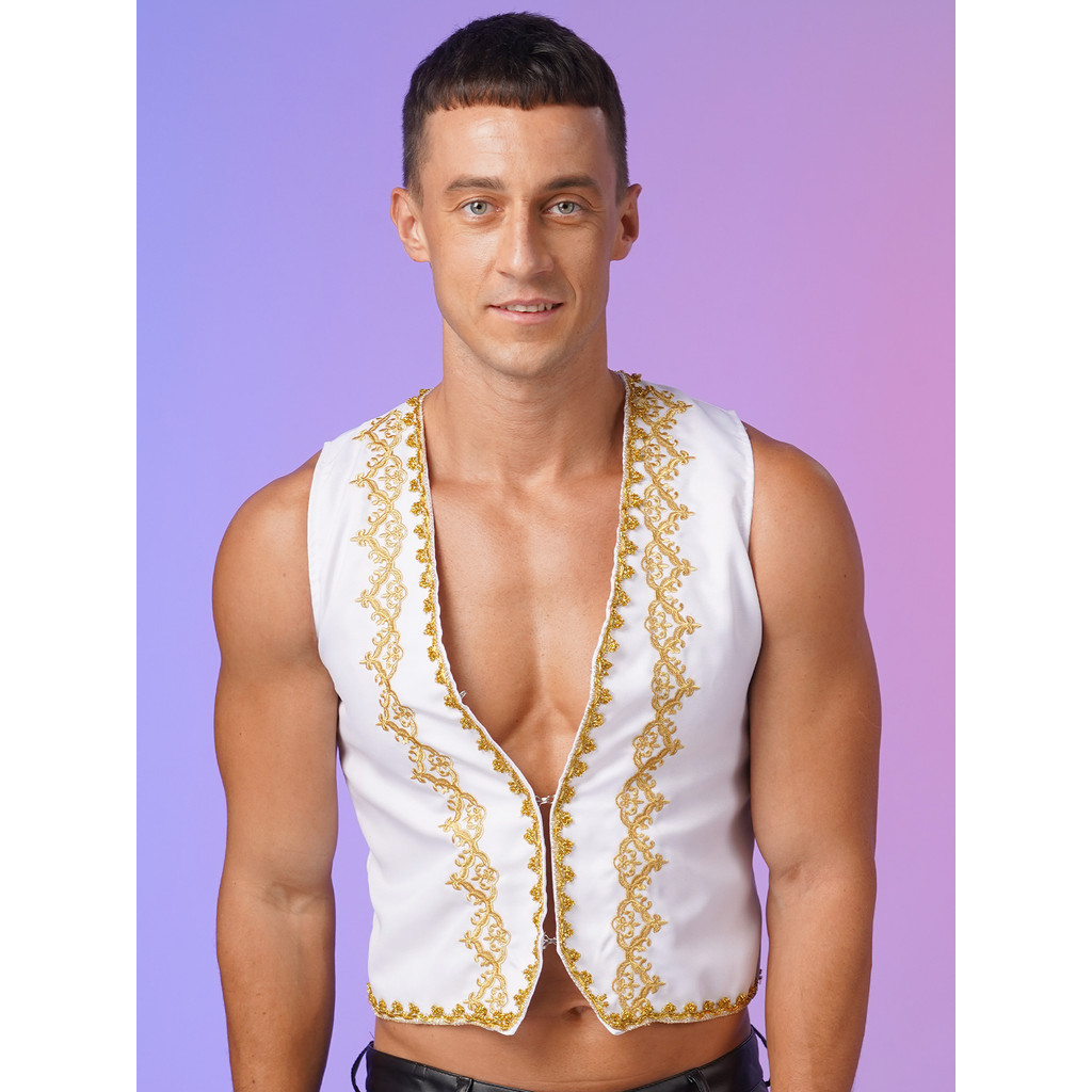 Yartina Mens Steampunk Victorian Vest Gold Trims Embroidery Open Front ...