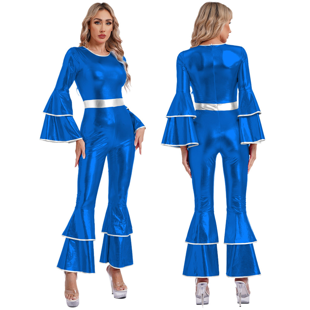 Rswnyirn Womens Vintage 70S Disco Metallic Shiny Jumpsuit Tiered Flare ...