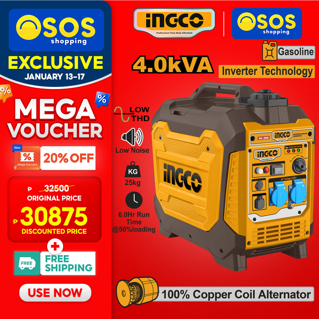INGCO by OSOS Inverter Gasoline Generator 4.0KVA 220-240V 60Hz GEI40006 ...