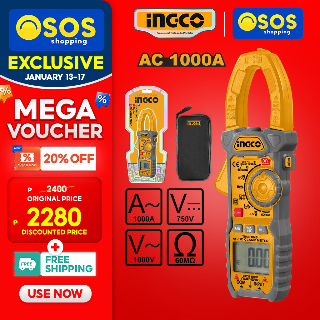 INGCO by OSOS AC/DC RMS 6000counts Digital Clamp Meter Multimeter Multi ...