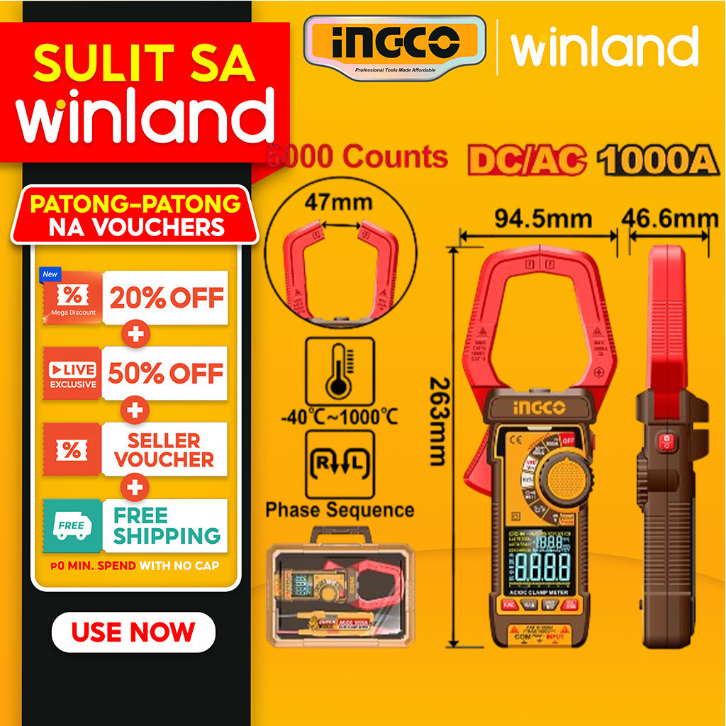 Ingco by Winland Digital AC/DC TRUR RMS 6000counts Digital Clamp Meter ...