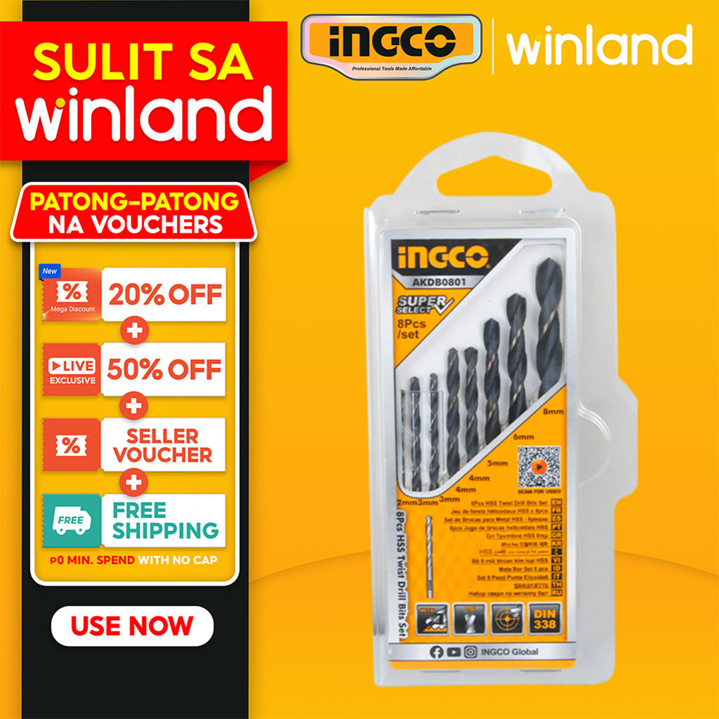 Ingco by Winland 8 PCS HSS Barena Twist Bit Bits Set for Metal Use ...