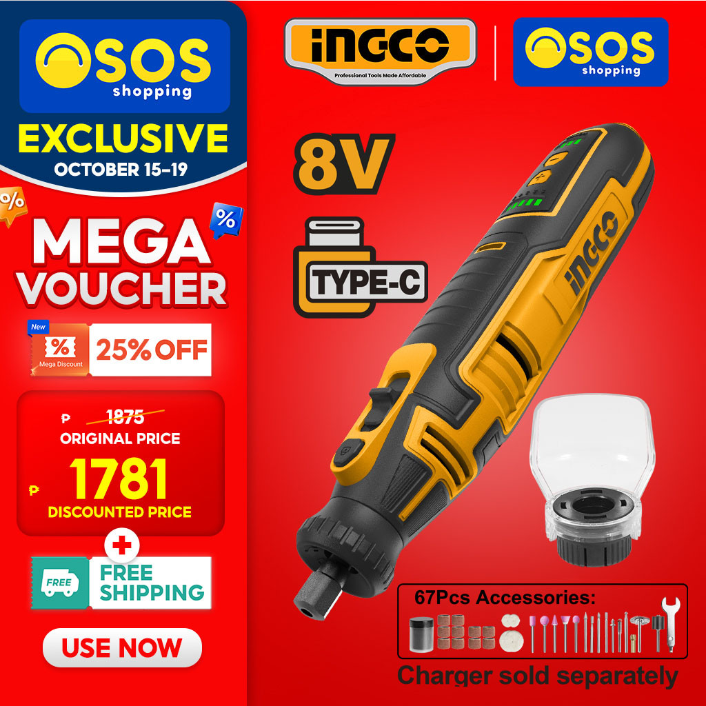 INGCO Lithium-Ion Cordless Grinder with 67pcs Accessories 8V CMGLI0801 ING-CT •OSOS• | Shopee ...