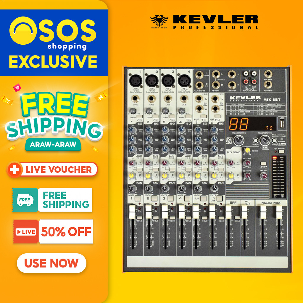 Kevler Professional Mixer MIX-8BT 8 CHANNEL 4 MIC / LINE 2 AUX 24 BIT ...
