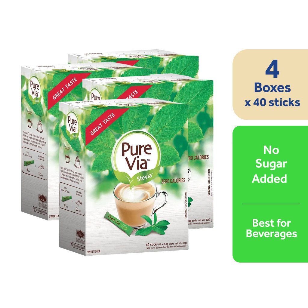 Pure Via Stevia Zero Calorie Sweetener 40 Sticks - 4 Boxes (Stevia ...