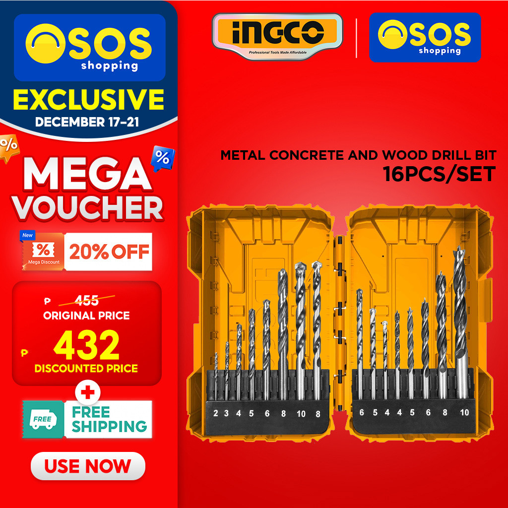 INGCO by OSOS 16PCS Metal Concrete & Wood Drill Bit Set AKDL11601 ...