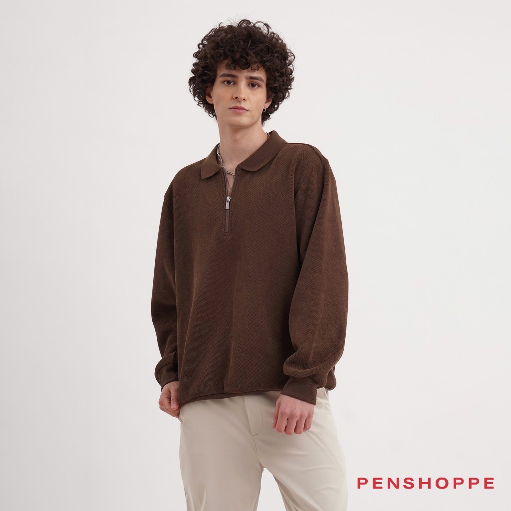 Penshoppe Relaxed Fit Textured Knit Half Zip Pullover Sweater For Men ...