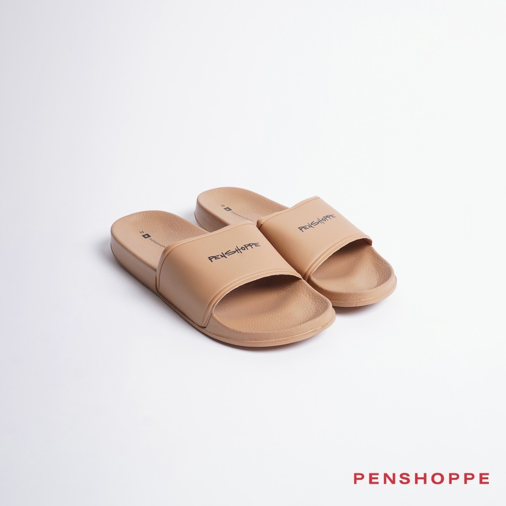 Penshoppe PU One Band Slides Slippers With Branding For Men (Tan ...
