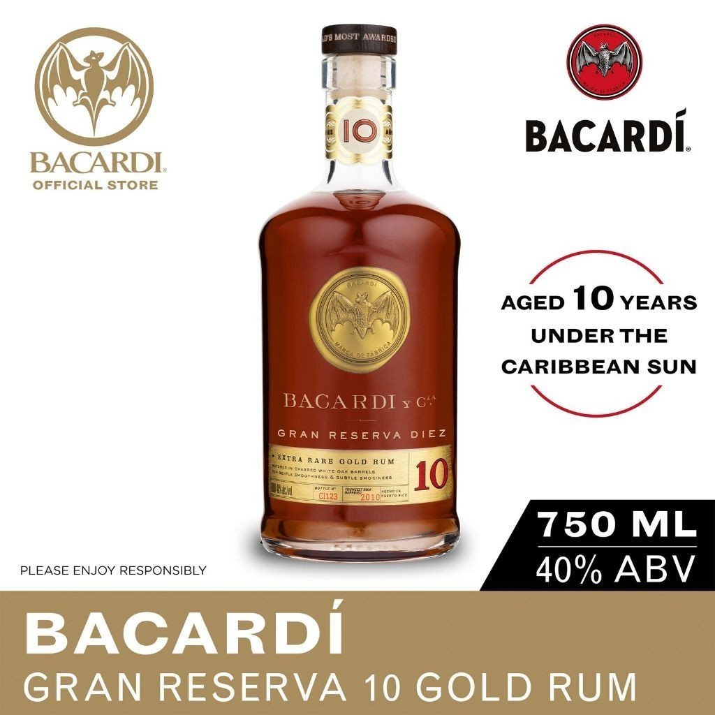 BACARDI Gran Reserva 10 Rum - 750ml / 75cl, 40% ABV - Gold Rum Aged 10 ...