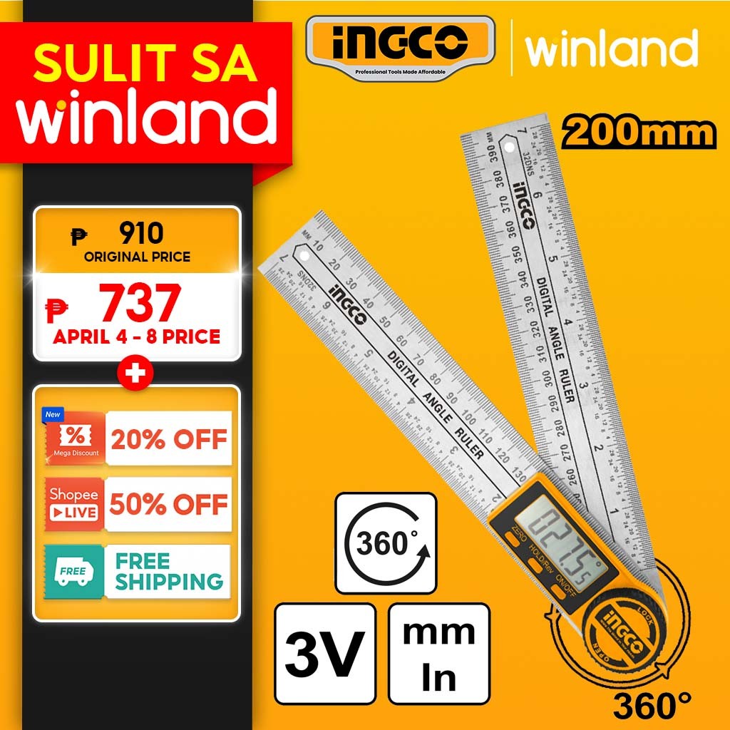 Ingco by Winland Stainless Steel Digital Angle Ruler 0-200mm(7 ...