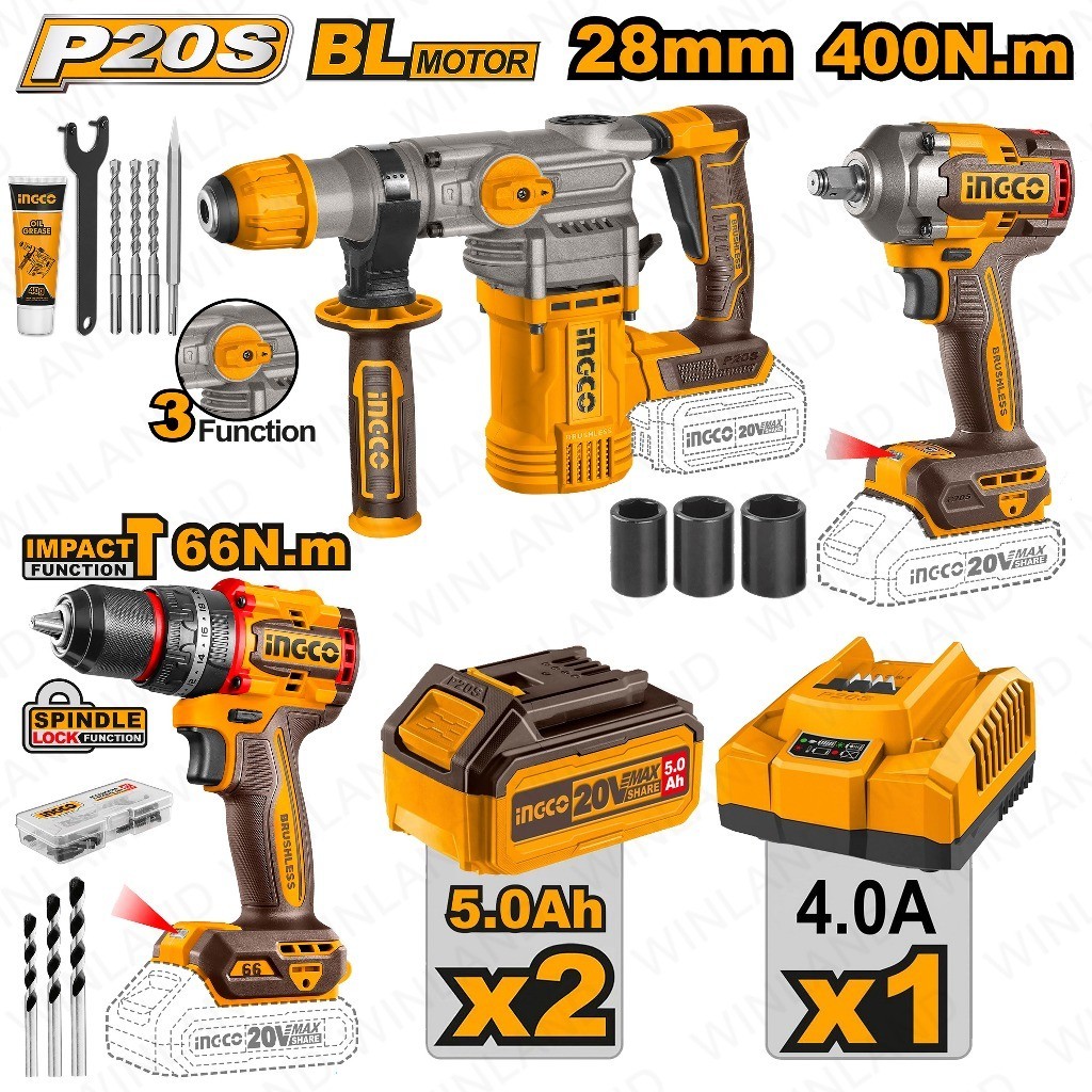 Ingco by Winland P20S/20V 3PCS Combo Kit with Lithium-Ion Cordless ...